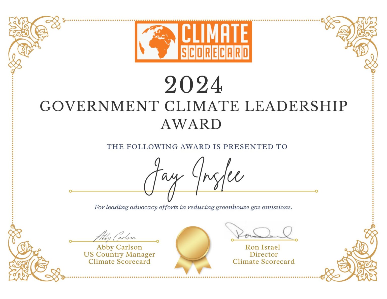 US 2024 Climate Scorecard Award: Jay Inslee - Climate Scorecard